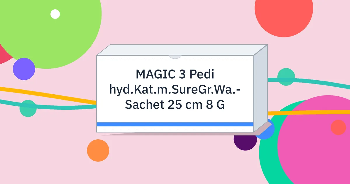 Symbolbild: Packung mit der Aufschrift MAGIC 3 Pedi hyd.Kat.m.SureGr.Wa.-Sachet 25 cm 8 G (PZN 11154522) – Verfügbarkeit und Bezug in Apotheken in Frankfurt am Main