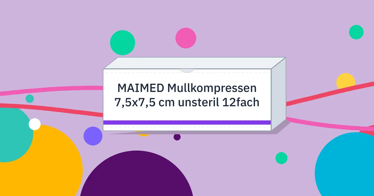 Symbolbild: Packung mit der Aufschrift MAIMED Mullkompressen 7,5x7,5 cm unsteril 12fach (PZN 01232362) – Verfügbarkeit und Bezug in Apotheken in Frankfurt am Main