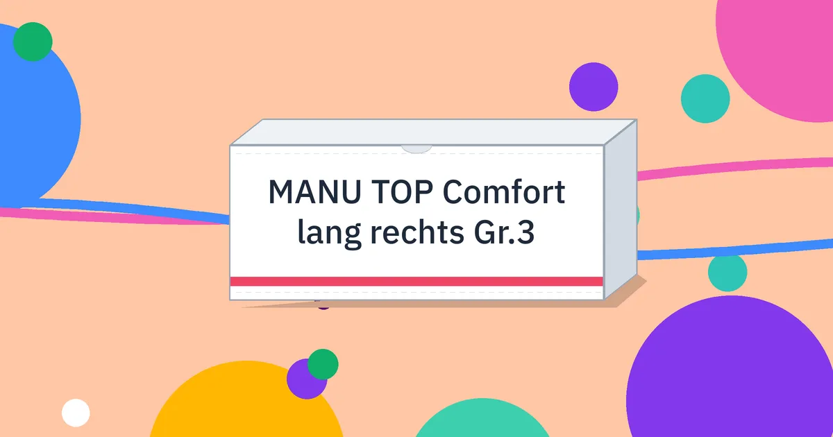 Symbolbild: Packung mit der Aufschrift MANU TOP Comfort lang rechts Gr.3 (PZN 02780605) – Verfügbarkeit und Bezug in Apotheken in Frankfurt am Main