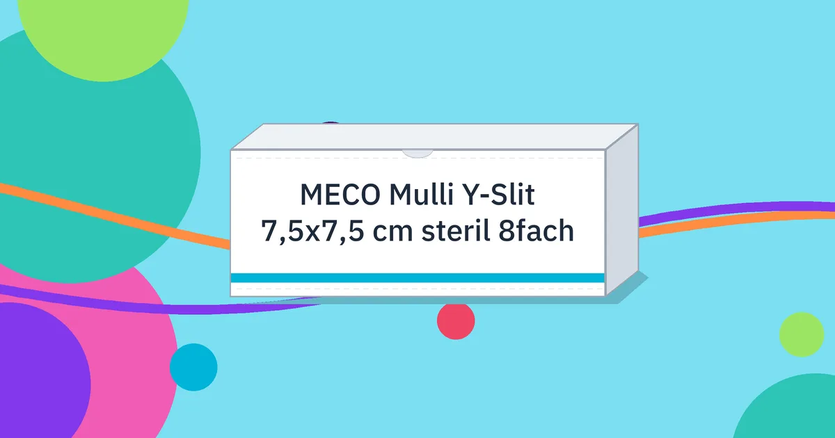 Symbolbild: Packung mit der Aufschrift MECO Mulli Y-Slit 7,5x7,5 cm steril 8fach (PZN 19524645) – Verfügbarkeit und Bezug in Apotheken in Frankfurt am Main