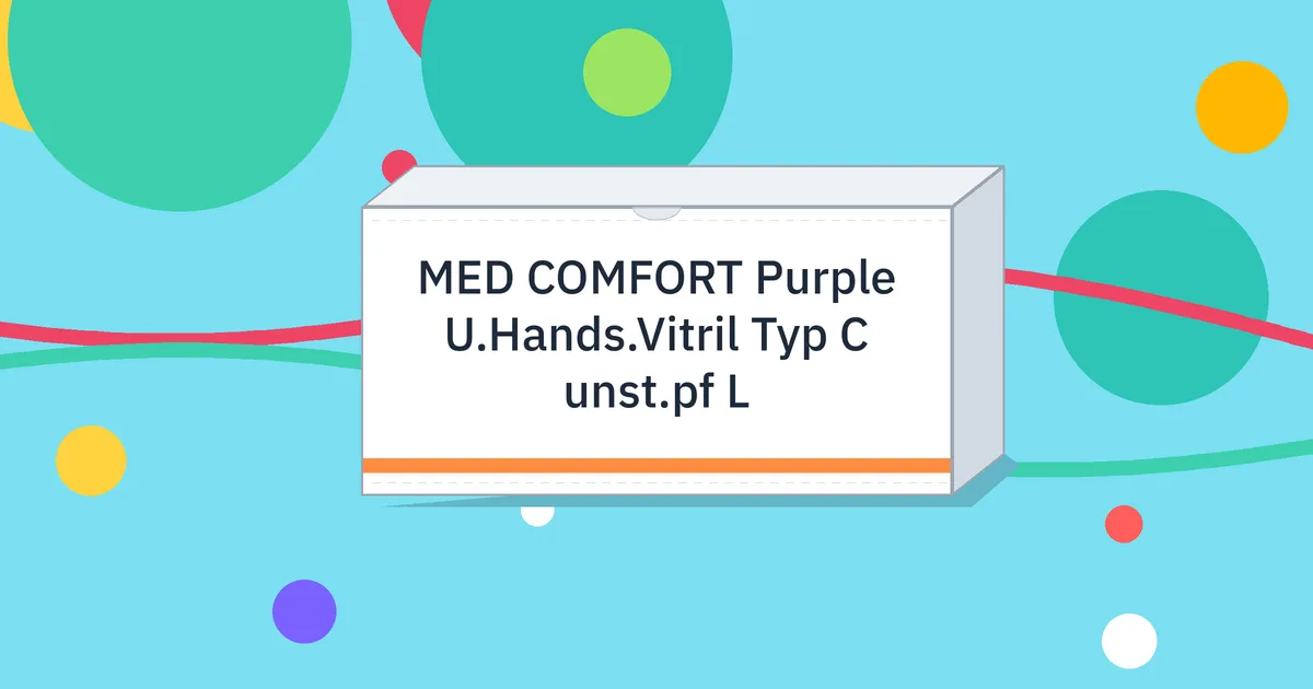Symbolbild: Packung mit der Aufschrift MED COMFORT Purple U.Hands.Vitril Typ C unst.pf L (PZN 17378576) – Verfügbarkeit und Bezug in Apotheken in Frankfurt am Main