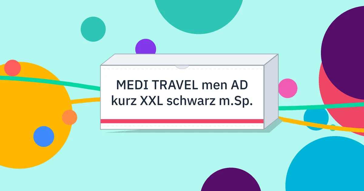 Symbolbild: Packung mit der Aufschrift MEDI TRAVEL men AD kurz XXL schwarz m.Sp. (PZN 07677869) – Verfügbarkeit und Bezug in Apotheken in Frankfurt am Main