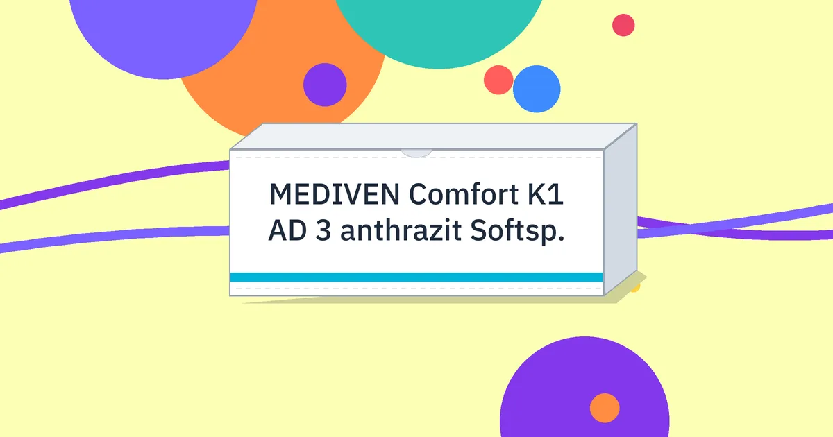Symbolbild: Packung mit der Aufschrift MEDIVEN Comfort K1 AD 3 anthrazit Softsp. (PZN 14558734) – Verfügbarkeit und Bezug in Apotheken in Frankfurt am Main