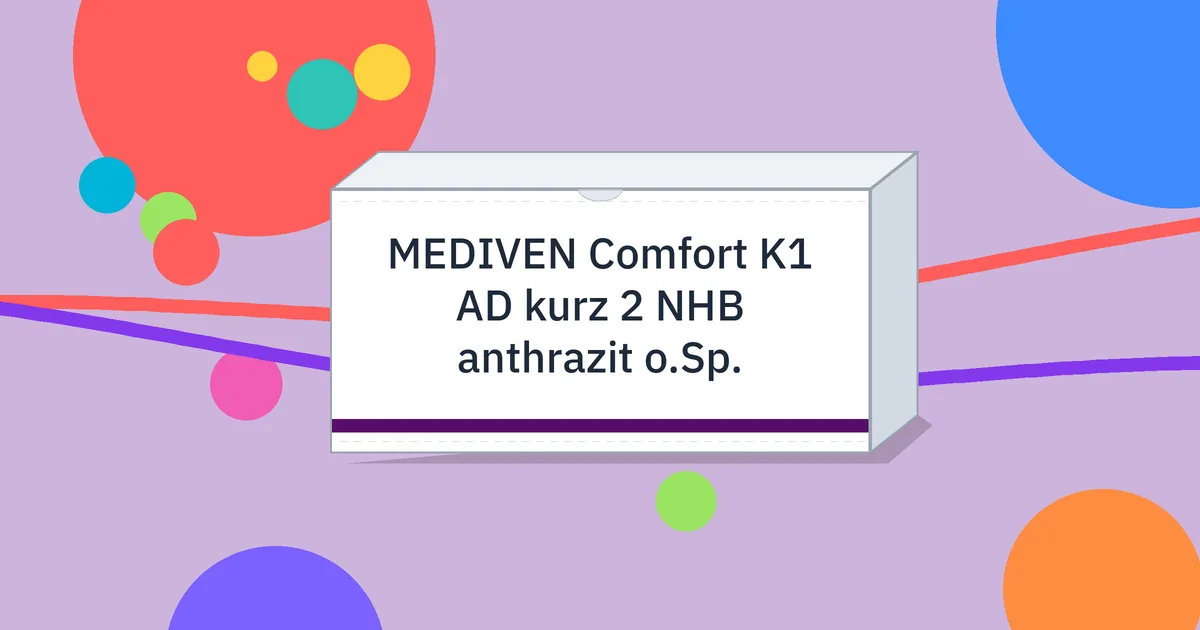 Symbolbild: Packung mit der Aufschrift MEDIVEN Comfort K1 AD kurz 2 NHB anthrazit o.Sp. (PZN 14556014) – Verfügbarkeit und Bezug in Apotheken in Frankfurt am Main