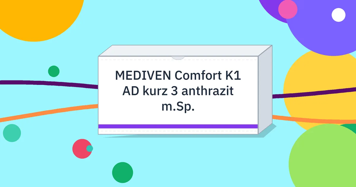 Symbolbild: Packung mit der Aufschrift MEDIVEN Comfort K1 AD kurz 3 anthrazit m.Sp. (PZN 14562517) – Verfügbarkeit und Bezug in Apotheken in Frankfurt am Main