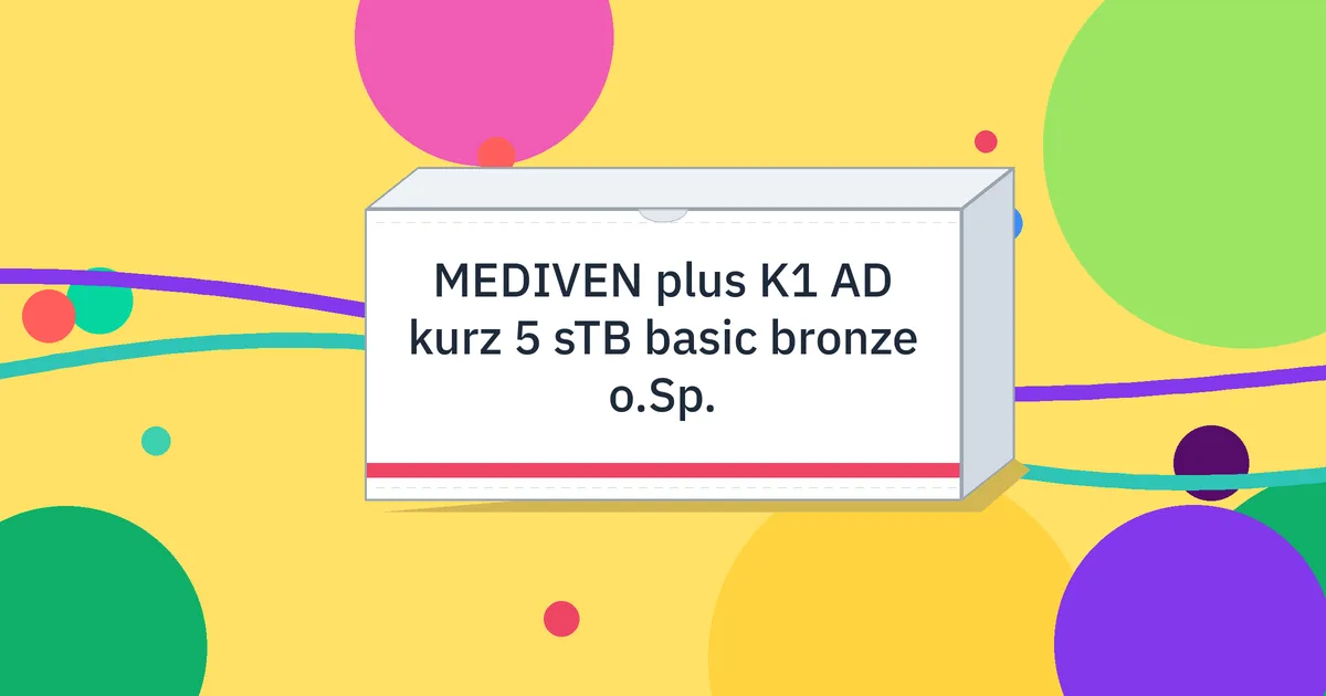Symbolbild: Packung mit der Aufschrift MEDIVEN plus K1 AD kurz 5 sTB basic bronze o.Sp. (PZN 15047272) – Verfügbarkeit und Bezug in Apotheken in Frankfurt am Main