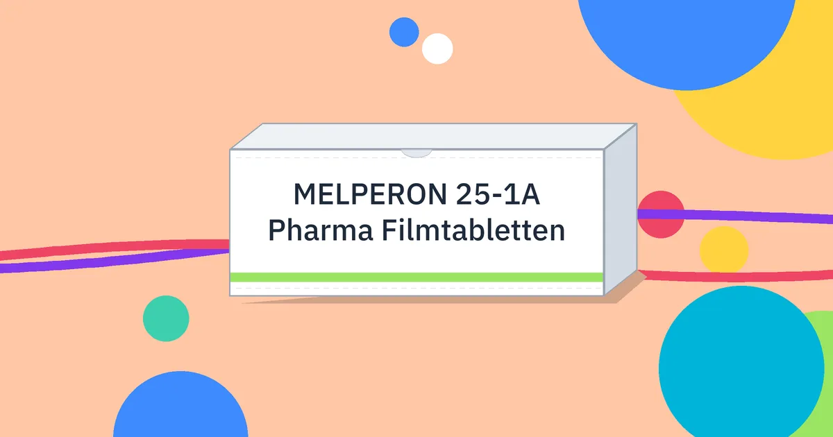 Symbolbild: Packung mit der Aufschrift MELPERON 25-1A Pharma Filmtabletten (PZN 02745833) – Verfügbarkeit und Bezug in Apotheken in Frankfurt am Main