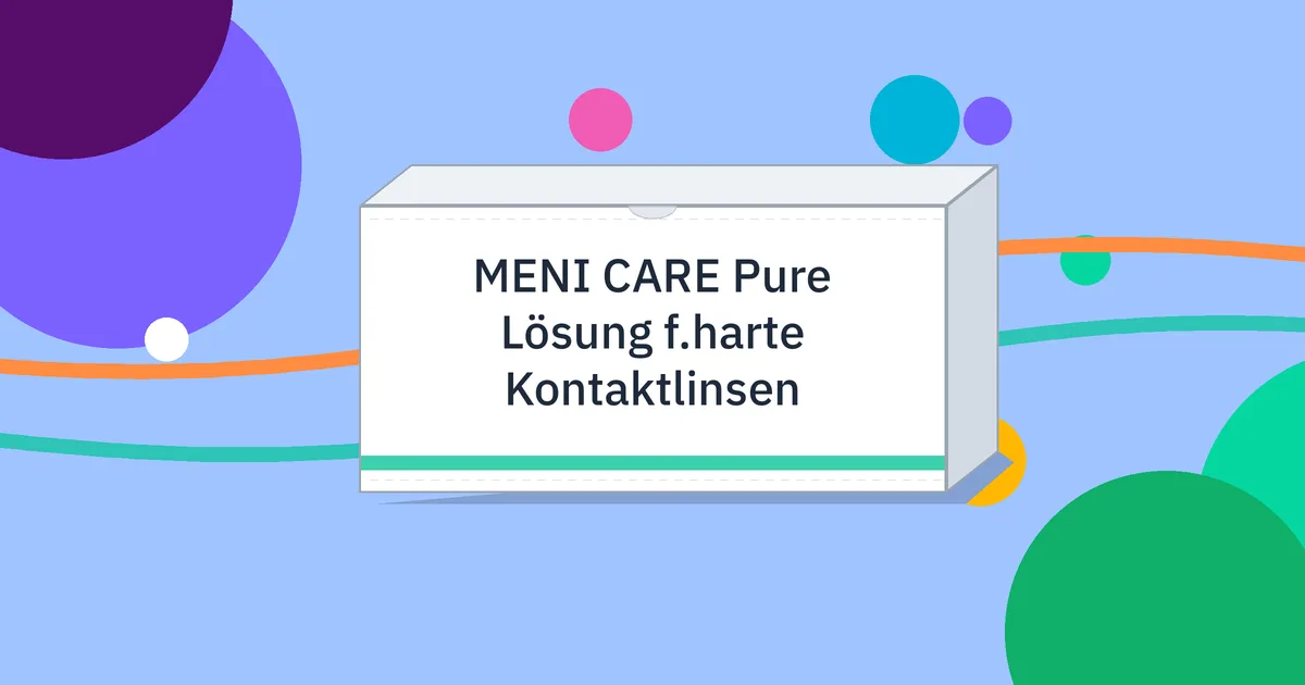 Symbolbild: Packung mit der Aufschrift MENI CARE Pure Lösung f.harte Kontaktlinsen (PZN 10553243) – Verfügbarkeit und Bezug in Apotheken in Frankfurt am Main