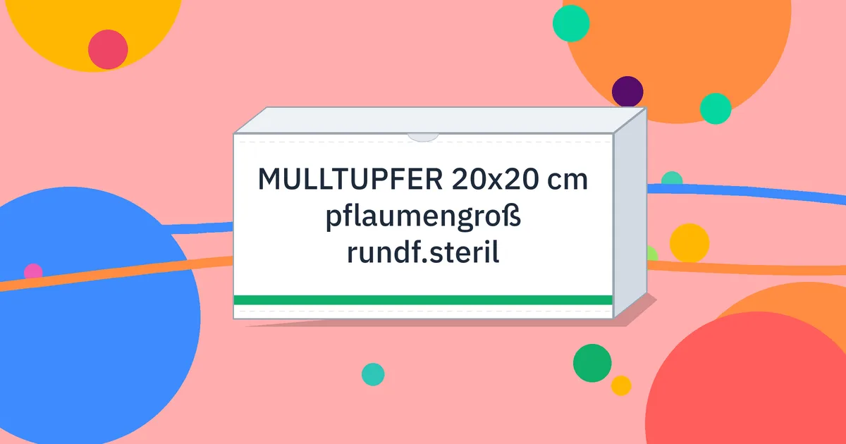 Symbolbild: Packung mit der Aufschrift MULLTUPFER 20x20 cm pflaumengroß rundf.steril (PZN 07393706) – Verfügbarkeit und Bezug in Apotheken in Frankfurt am Main