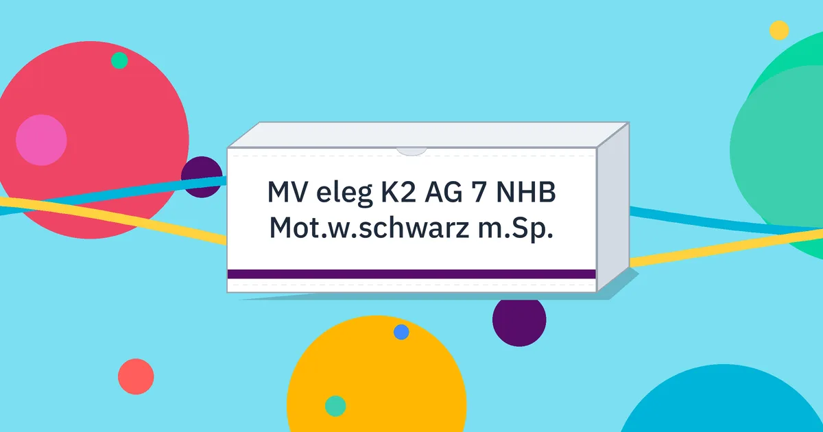 Symbolbild: Packung mit der Aufschrift MV eleg K2 AG 7 NHB Mot.w.schwarz m.Sp. (PZN 15727908) – Verfügbarkeit und Bezug in Apotheken in Frankfurt am Main