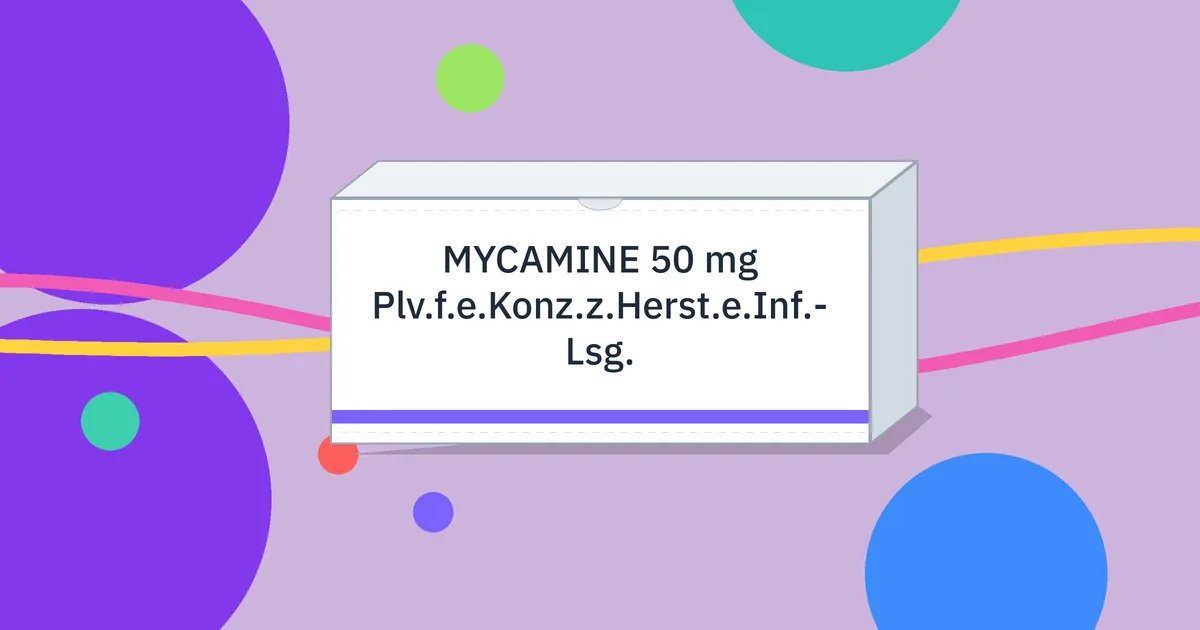 Symbolbild: Packung mit der Aufschrift MYCAMINE 50 mg Plv.f.e.Konz.z.Herst.e.Inf.-Lsg. (PZN 16535944) – Verfügbarkeit und Bezug in Apotheken in Frankfurt am Main