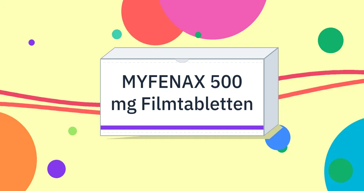 Symbolbild: Packung mit der Aufschrift MYFENAX 500 mg Filmtabletten (PZN 18840433) – Verfügbarkeit und Bezug in Apotheken in Frankfurt am Main