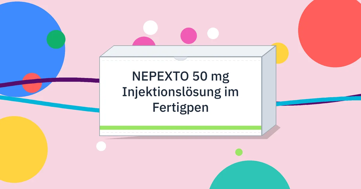 Symbolbild: Packung mit der Aufschrift NEPEXTO 50 mg Injektionslösung im Fertigpen (PZN 18050263) – Verfügbarkeit und Bezug in Apotheken in Frankfurt am Main
