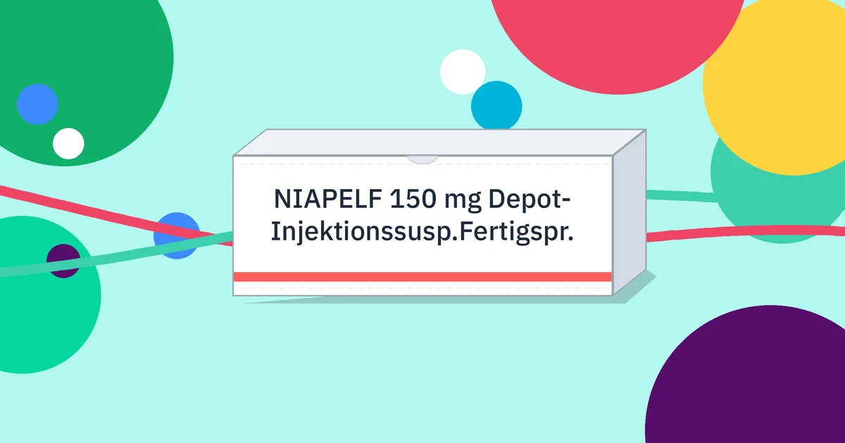 Symbolbild: Packung mit der Aufschrift NIAPELF 150 mg Depot-Injektionssusp.Fertigspr. (PZN 20155963) – Verfügbarkeit und Bezug in Apotheken in Frankfurt am Main