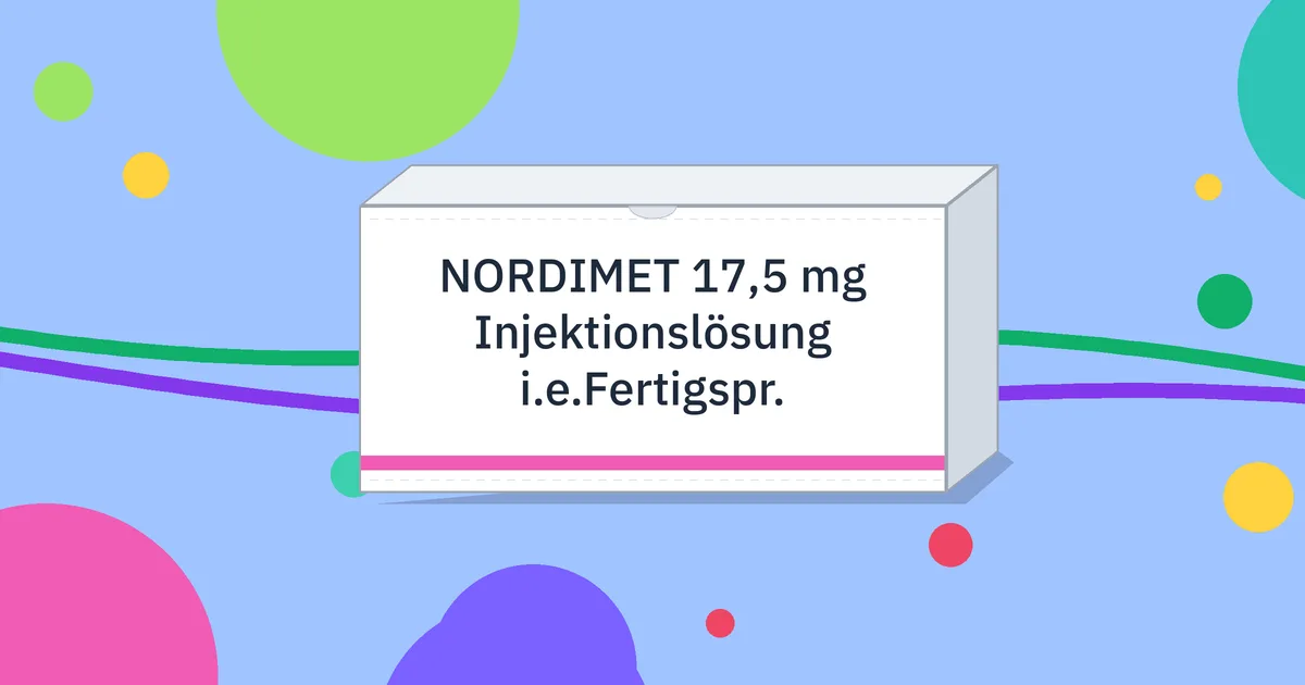 Symbolbild: Packung mit der Aufschrift NORDIMET 17,5 mg Injektionslösung i.e.Fertigspr. (PZN 15264880) – Verfügbarkeit und Bezug in Apotheken in Frankfurt am Main