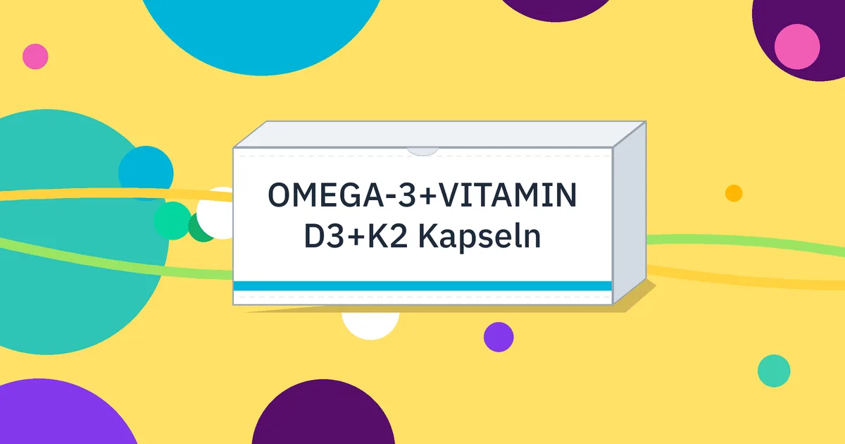 Symbolbild: Packung mit der Aufschrift OMEGA-3+VITAMIN D3+K2 Kapseln (PZN 19713895) – Verfügbarkeit und Bezug in Apotheken in Frankfurt am Main