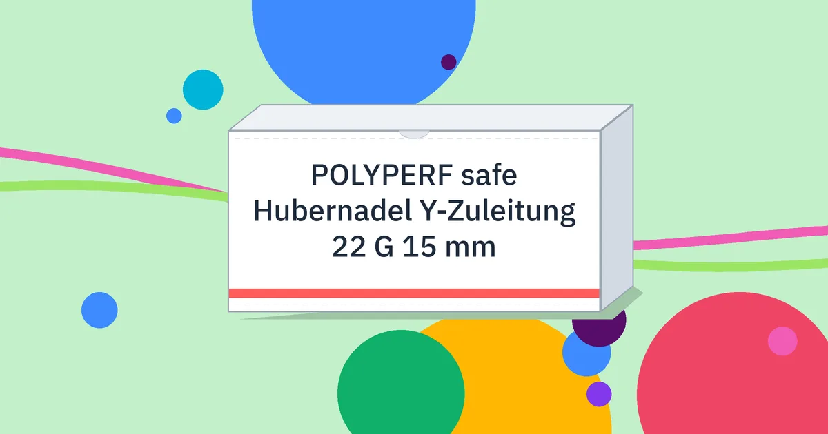 Symbolbild: Packung mit der Aufschrift POLYPERF safe Hubernadel Y-Zuleitung 22 G 15 mm (PZN 18113845) – Verfügbarkeit und Bezug in Apotheken in Frankfurt am Main