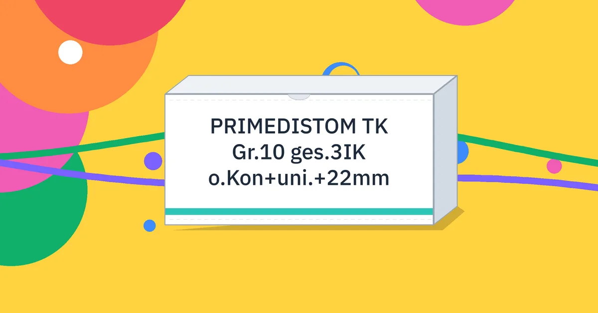 Symbolbild: Packung mit der Aufschrift PRIMEDISTOM TK Gr.10 ges.3IK o.Kon+uni.+22mm (PZN 10209422) – Verfügbarkeit und Bezug in Apotheken in Frankfurt am Main