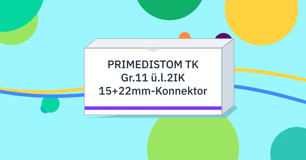Symbolbild: Packung mit der Aufschrift PRIMEDISTOM TK Gr.11 ü.l.2IK 15+22mm-Konnektor (PZN 10928163) – Verfügbarkeit und Bezug in Apotheken in Frankfurt am Main