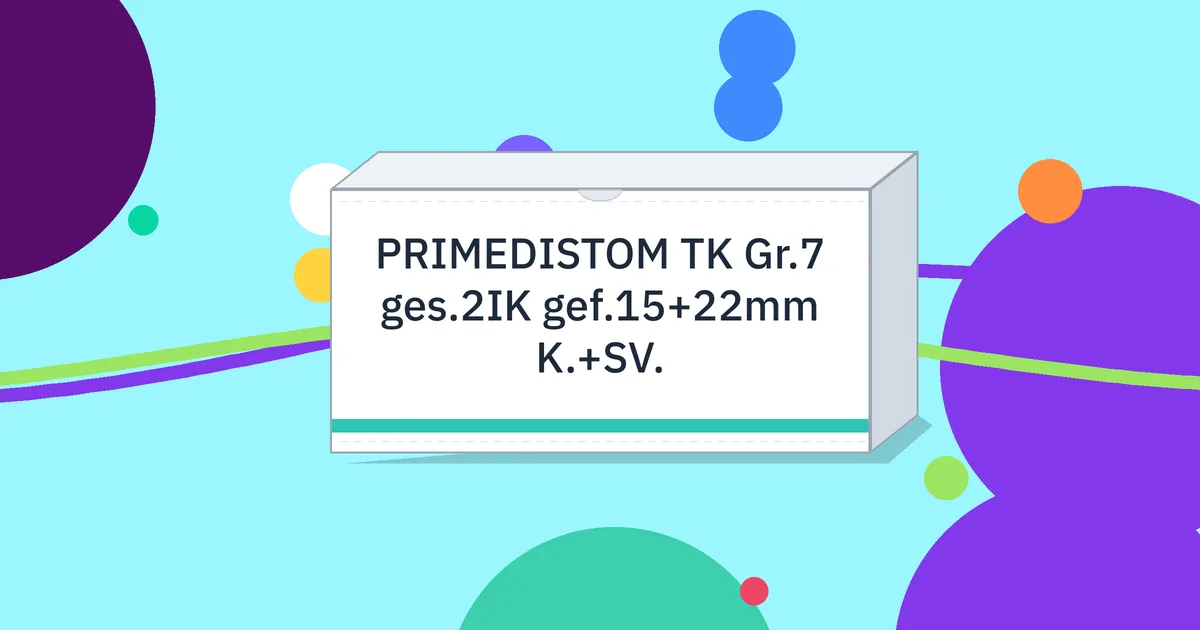 Symbolbild: Packung mit der Aufschrift PRIMEDISTOM TK Gr.7 ges.2IK gef.15+22mm K.+SV. (PZN 10928335) – Verfügbarkeit und Bezug in Apotheken in Frankfurt am Main