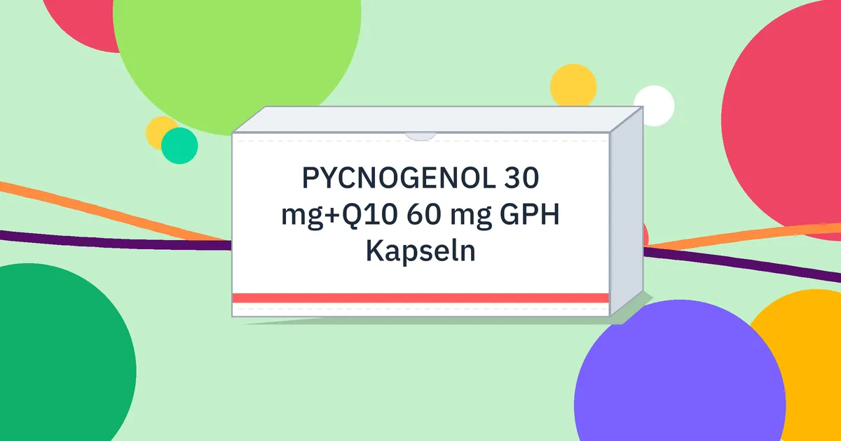 Symbolbild: Packung mit der Aufschrift PYCNOGENOL 30 mg+Q10 60 mg GPH Kapseln (PZN 01160852) – Verfügbarkeit und Bezug in Apotheken in Frankfurt am Main