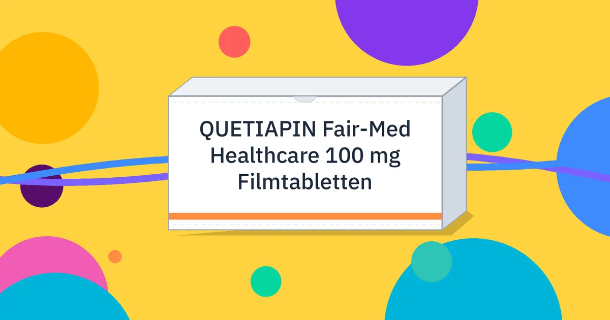 Symbolbild: Packung mit der Aufschrift QUETIAPIN Fair-Med Healthcare 100 mg Filmtabletten (PZN 12494527) – Verfügbarkeit und Bezug in Apotheken in Frankfurt am Main