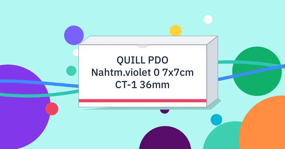 Symbolbild: Packung mit der Aufschrift QUILL PDO Nahtm.violet 0 7x7cm CT-1 36mm (PZN 17989920) – Verfügbarkeit und Bezug in Apotheken in Frankfurt am Main
