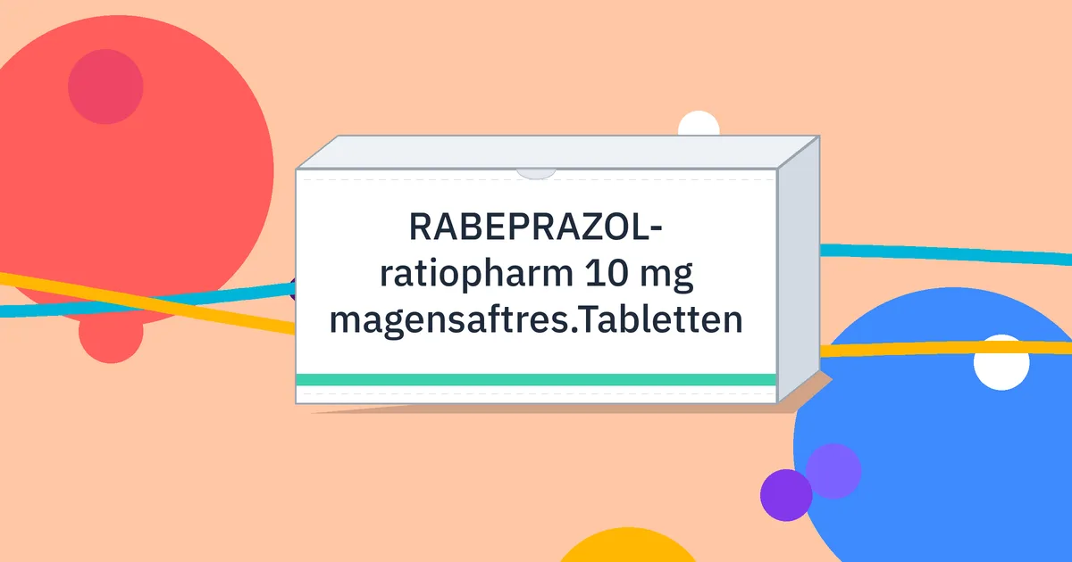 Symbolbild: Packung mit der Aufschrift RABEPRAZOL-ratiopharm 10 mg magensaftres.Tabletten (PZN 09723415) – Verfügbarkeit und Bezug in Apotheken in Frankfurt am Main