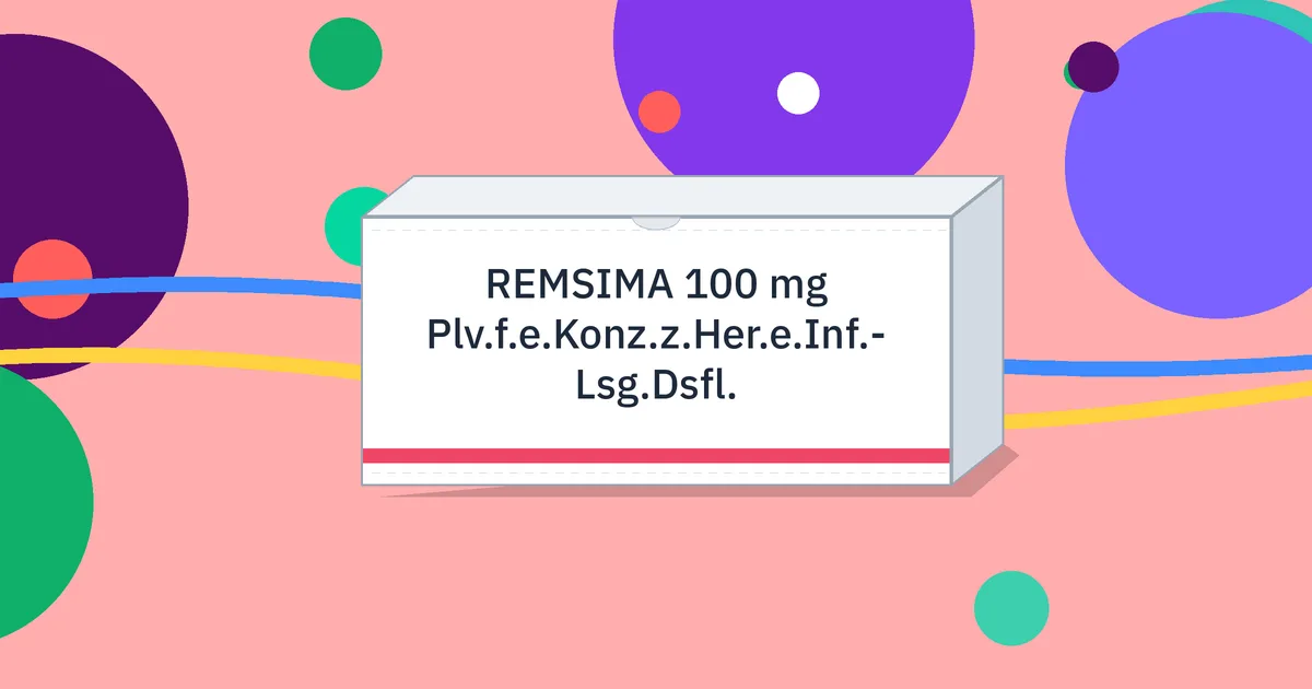 Symbolbild: Packung mit der Aufschrift REMSIMA 100 mg Plv.f.e.Konz.z.Her.e.Inf.-Lsg.Dsfl. (PZN 11155987) – Verfügbarkeit und Bezug in Apotheken in Frankfurt am Main