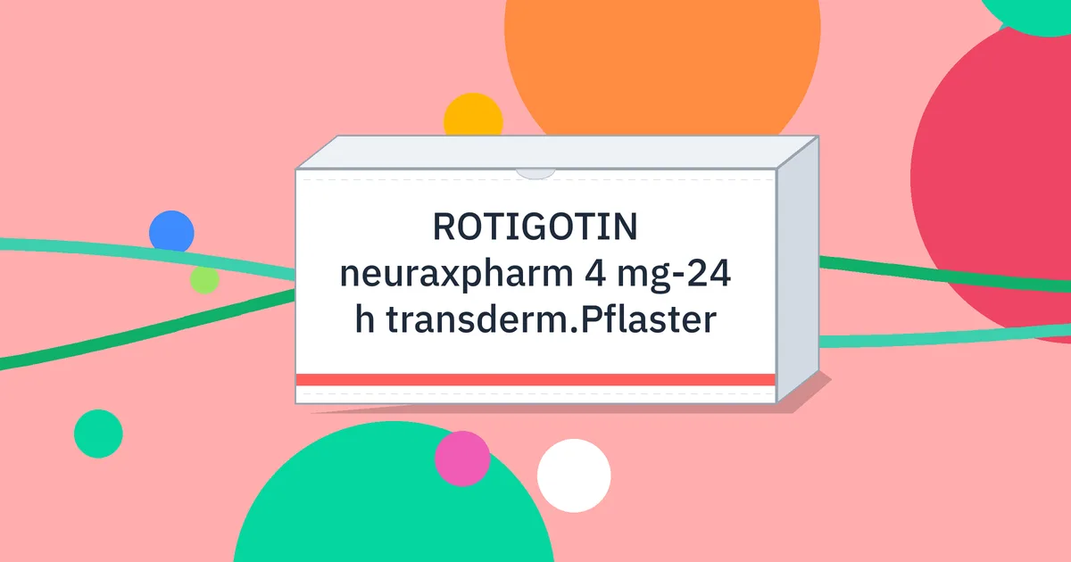 Symbolbild: Packung mit der Aufschrift ROTIGOTIN neuraxpharm 4 mg-24 h transderm.Pflaster (PZN 18369869) – Verfügbarkeit und Bezug in Apotheken in Frankfurt am Main