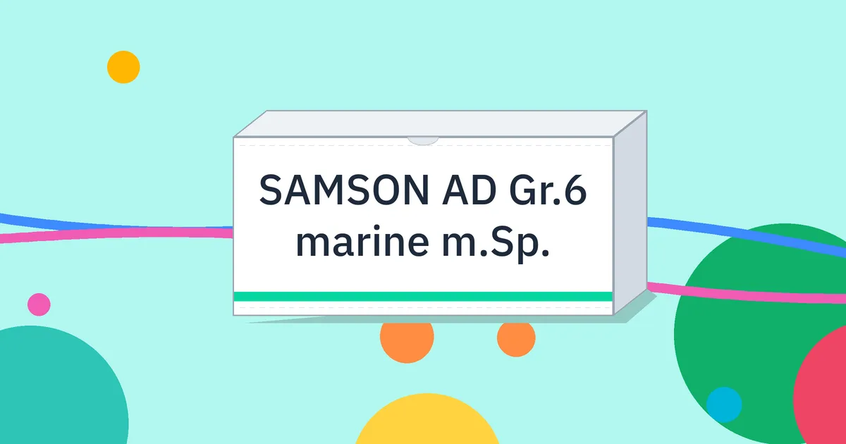 Symbolbild: Packung mit der Aufschrift SAMSON AD Gr.6 marine m.Sp. (PZN 14248904) – Verfügbarkeit und Bezug in Apotheken in Frankfurt am Main