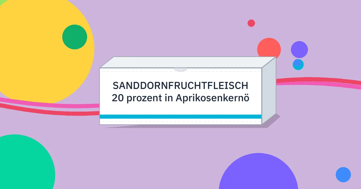 Symbolbild: Packung mit der Aufschrift SANDDORNFRUCHTFLEISCH 20 prozent in Aprikosenkernö (PZN 17968941) – Verfügbarkeit und Bezug in Apotheken in Frankfurt am Main