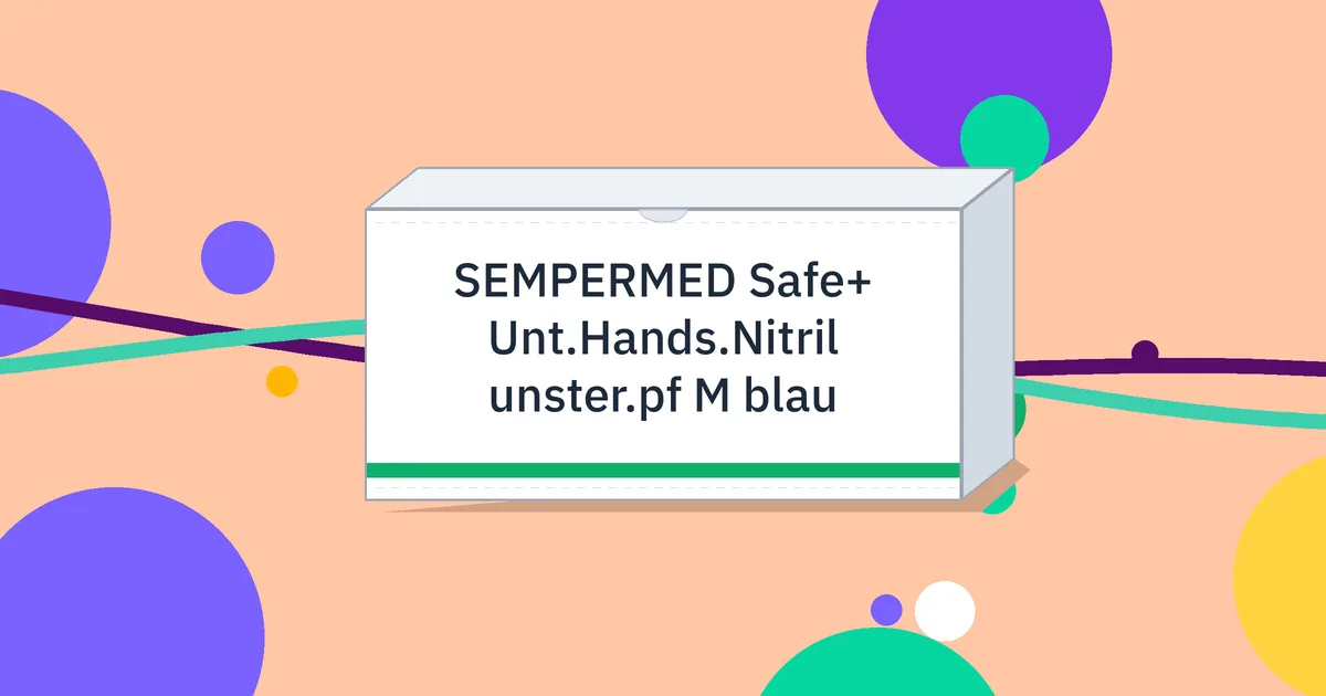Symbolbild: Packung mit der Aufschrift SEMPERMED Safe+ Unt.Hands.Nitril unster.pf M blau (PZN 20893796) – Verfügbarkeit und Bezug in Apotheken in Frankfurt am Main