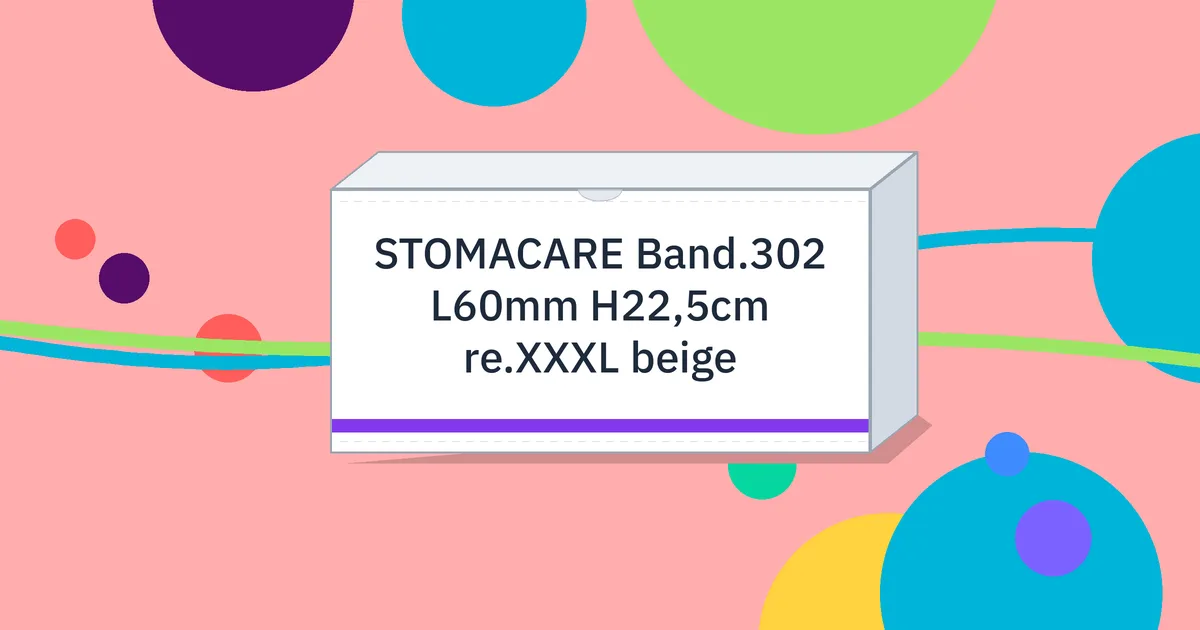 Symbolbild: Packung mit der Aufschrift STOMACARE Band.302 L60mm H22,5cm re.XXXL beige (PZN 10840161) – Verfügbarkeit und Bezug in Apotheken in Frankfurt am Main