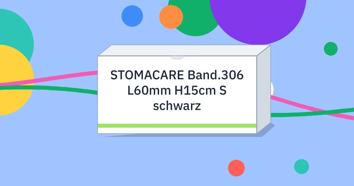 Symbolbild: Packung mit der Aufschrift STOMACARE Band.306 L60mm H15cm S schwarz (PZN 09436992) – Verfügbarkeit und Bezug in Apotheken in Frankfurt am Main