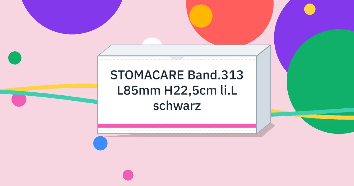 Symbolbild: Packung mit der Aufschrift STOMACARE Band.313 L85mm H22,5cm li.L schwarz (PZN 10841574) – Verfügbarkeit und Bezug in Apotheken in Frankfurt am Main