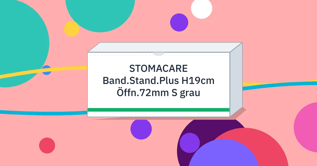 Symbolbild: Packung mit der Aufschrift STOMACARE Band.Stand.Plus H19cm Öffn.72mm S grau (PZN 16750625) – Verfügbarkeit und Bezug in Apotheken in Frankfurt am Main