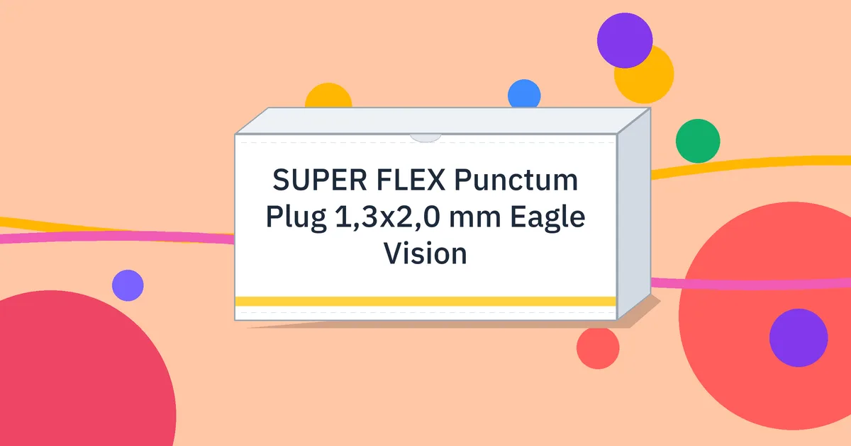 Symbolbild: Packung mit der Aufschrift SUPER FLEX Punctum Plug 1,3x2,0 mm Eagle Vision (PZN 10929240) – Verfügbarkeit und Bezug in Apotheken in Frankfurt am Main