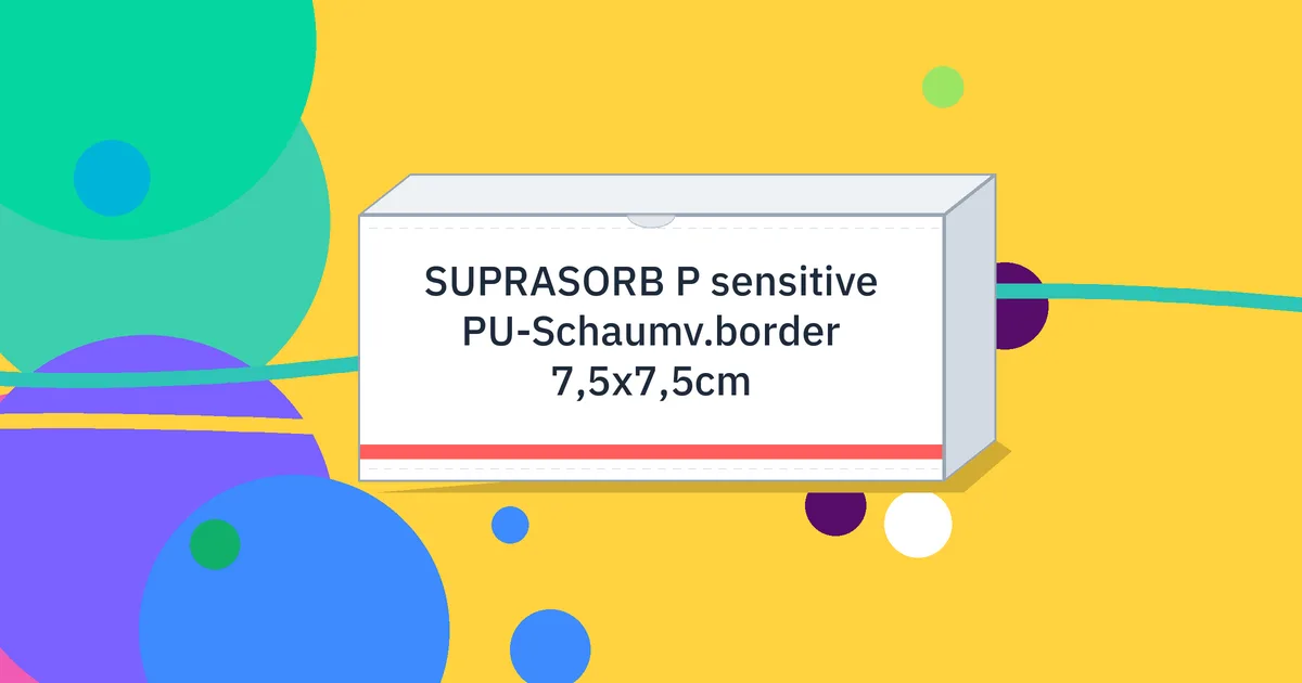 Symbolbild: Packung mit der Aufschrift SUPRASORB P sensitive PU-Schaumv.border 7,5x7,5cm (PZN 17613592) – Verfügbarkeit und Bezug in Apotheken in Frankfurt am Main