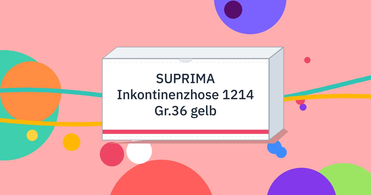Symbolbild: Packung mit der Aufschrift SUPRIMA Inkontinenzhose 1214 Gr.36 gelb (PZN 02852078) – Verfügbarkeit und Bezug in Apotheken in Frankfurt am Main