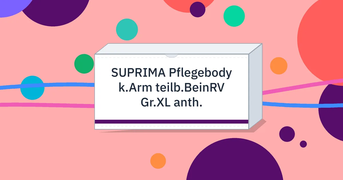 Symbolbild: Packung mit der Aufschrift SUPRIMA Pflegebody k.Arm teilb.BeinRV Gr.XL anth. (PZN 10710889) – Verfügbarkeit und Bezug in Apotheken in Frankfurt am Main