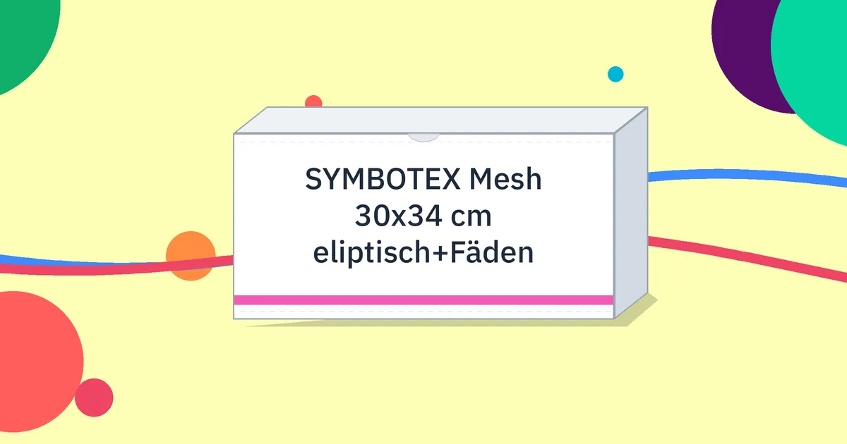 Symbolbild: Packung mit der Aufschrift SYMBOTEX Mesh 30x34 cm eliptisch+Fäden (PZN 10631285) – Verfügbarkeit und Bezug in Apotheken in Frankfurt am Main