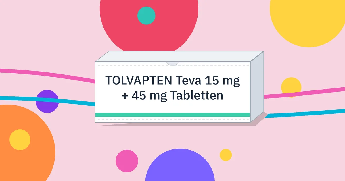 Symbolbild: Packung mit der Aufschrift TOLVAPTEN Teva 15 mg + 45 mg Tabletten (PZN 19895548) – Verfügbarkeit und Bezug in Apotheken in Frankfurt am Main