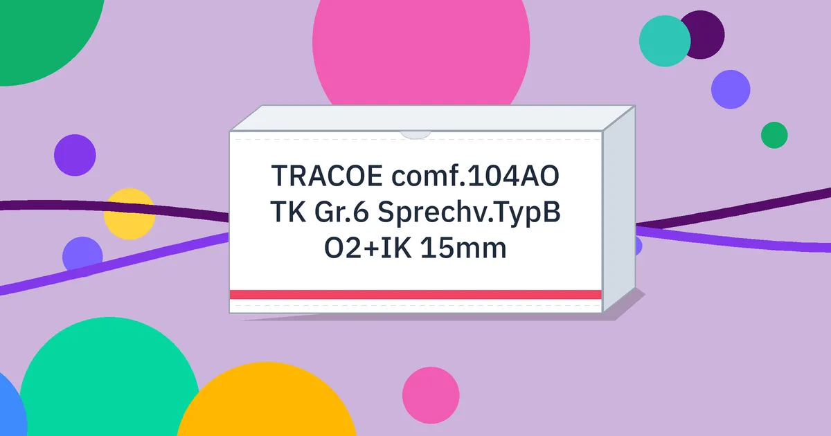 Symbolbild: Packung mit der Aufschrift TRACOE comf.104AO TK Gr.6 Sprechv.TypB O2+IK 15mm (PZN 18232662) – Verfügbarkeit und Bezug in Apotheken in Frankfurt am Main