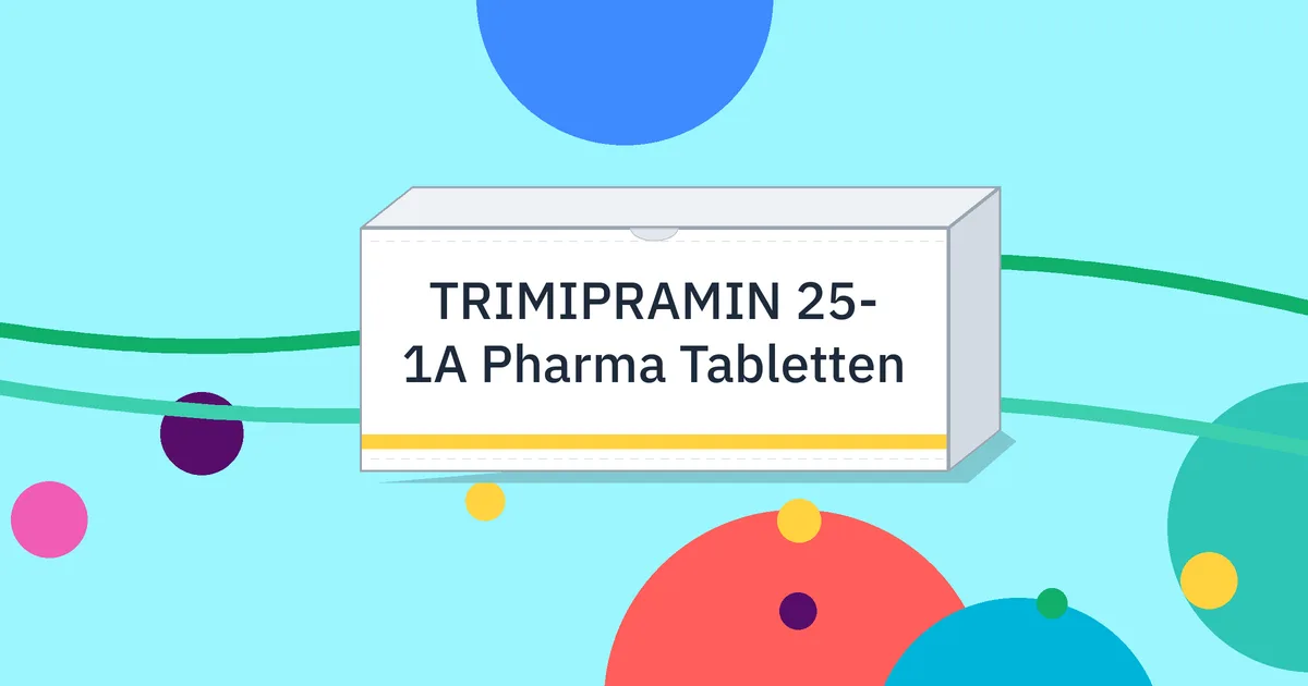 Symbolbild: Packung mit der Aufschrift TRIMIPRAMIN 25-1A Pharma Tabletten (PZN 01664179) – Verfügbarkeit und Bezug in Apotheken in Frankfurt am Main