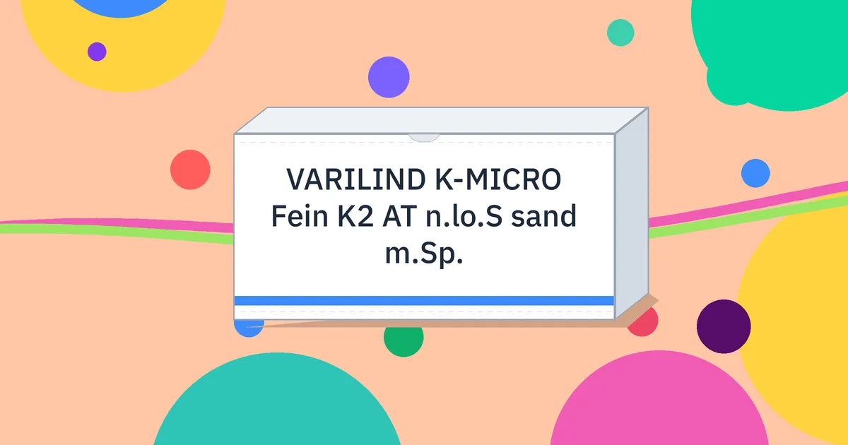 Symbolbild: Packung mit der Aufschrift VARILIND K-MICRO Fein K2 AT n.lo.S sand m.Sp. (PZN 20618222) – Verfügbarkeit und Bezug in Apotheken in Frankfurt am Main