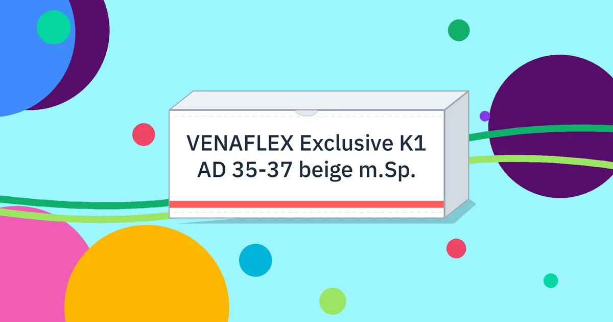 Symbolbild: Packung mit der Aufschrift VENAFLEX Exclusive K1 AD 35-37 beige m.Sp. (PZN 18309212) – Verfügbarkeit und Bezug in Apotheken in Frankfurt am Main