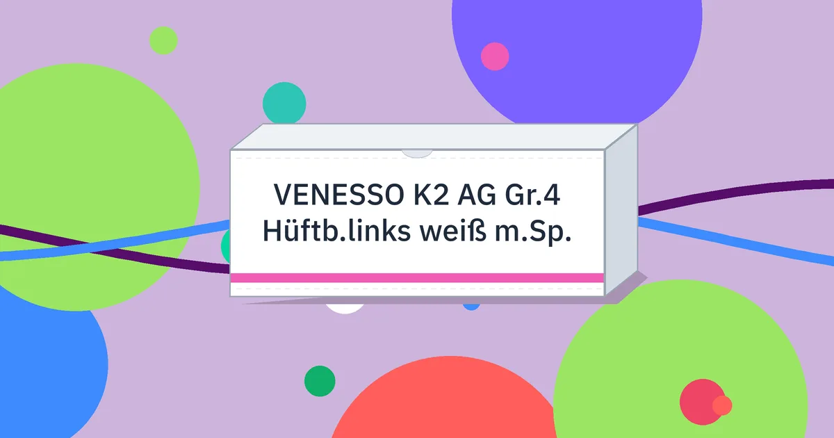 Symbolbild: Packung mit der Aufschrift VENESSO K2 AG Gr.4 Hüftb.links weiß m.Sp. (PZN 03267583) – Verfügbarkeit und Bezug in Apotheken in Frankfurt am Main