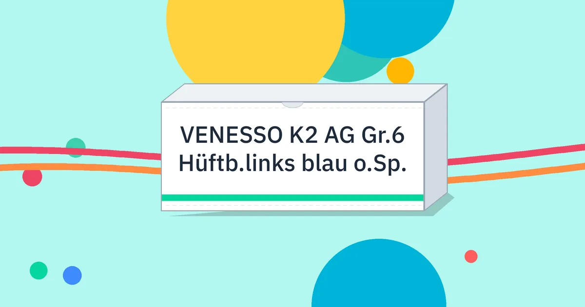 Symbolbild: Packung mit der Aufschrift VENESSO K2 AG Gr.6 Hüftb.links blau o.Sp. (PZN 03270059) – Verfügbarkeit und Bezug in Apotheken in Frankfurt am Main