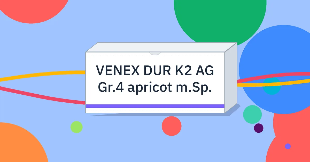 Symbolbild: Packung mit der Aufschrift VENEX DUR K2 AG Gr.4 apricot m.Sp. (PZN 03213713) – Verfügbarkeit und Bezug in Apotheken in Frankfurt am Main